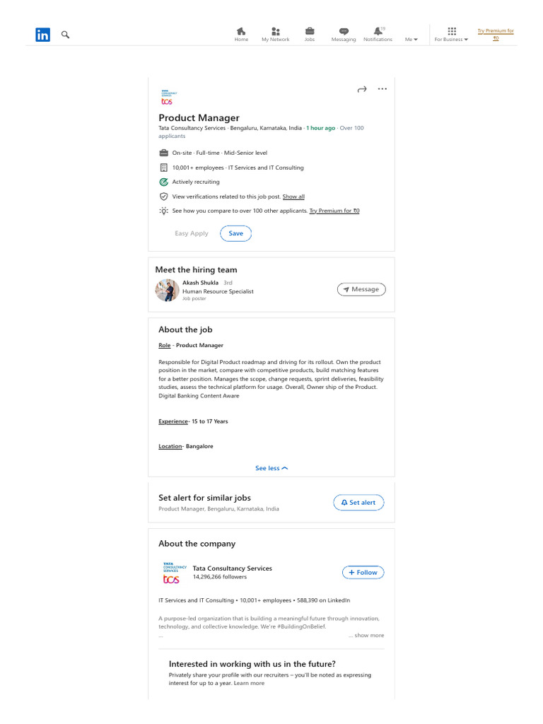 Product Manager - Tata Consultancy Services - LinkedIn | PDF | Linked In | Business