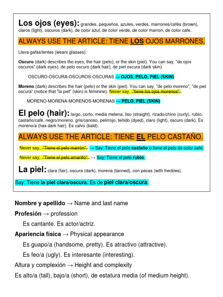 Vocabulario Descripciones | PDF | Rubio | marrón