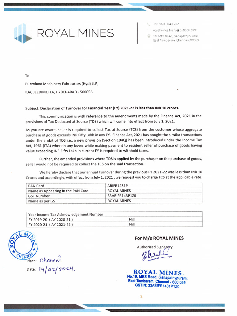 Royal Mines-Declaration Letter - Puzzolana | PDF