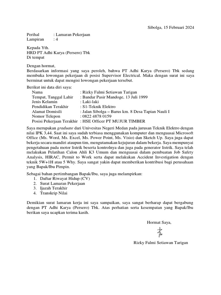 Lamaran Kerja PT Adhi Karya | PDF