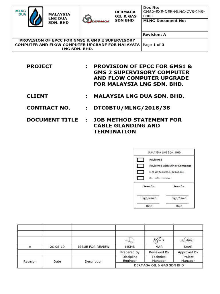 JMS-0003 - Cable Glanding and Termination REVA | PDF | Hydrocarbons | Natural Gas