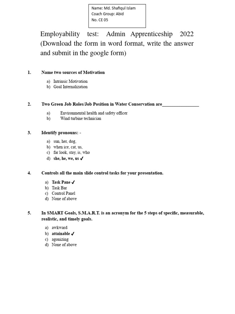 Employability Test (Md. Shafiqul Islam CE 05) | PDF | Extraversion And ...