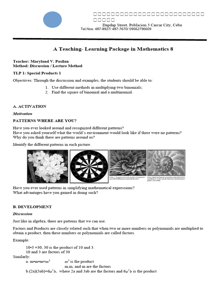 TLP 1 Special Products 1 | PDF | Multiplication | Polynomial