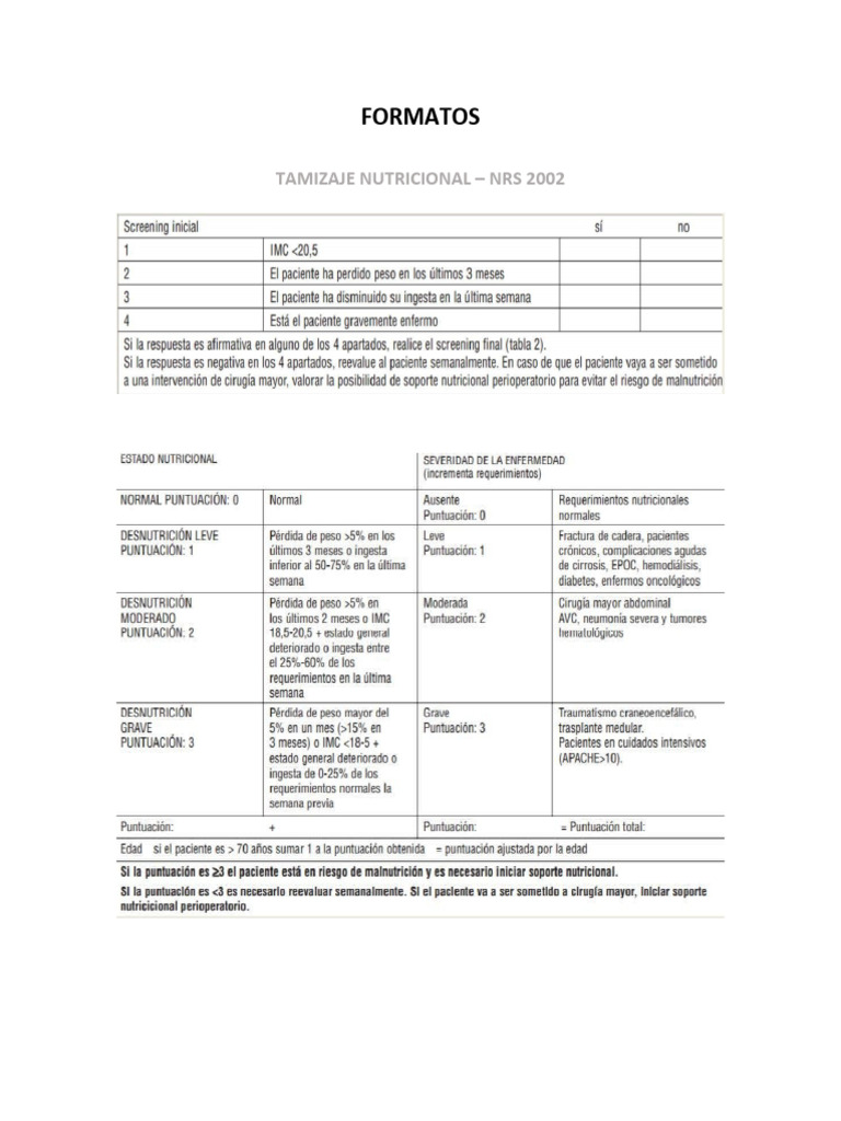 Formatos de Tamizaje Nutricional NRS 2002 | PDF | Sistema digestivo ...