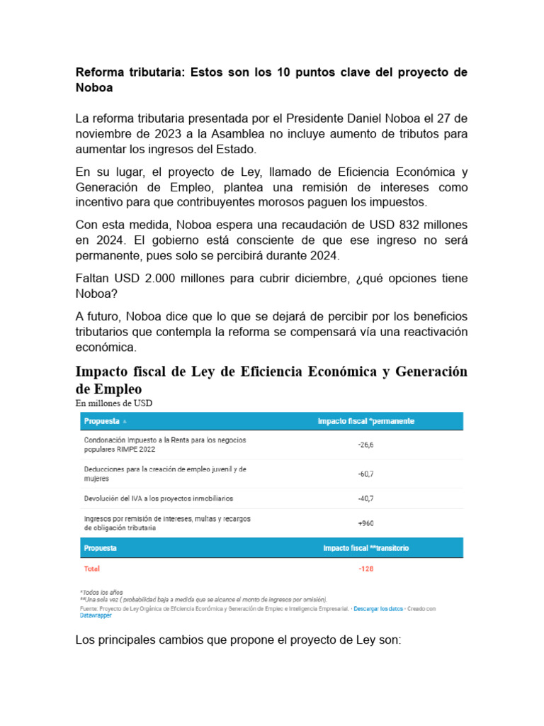 Reforma Tributaria - Estos Son Los 10 Puntos Clave Del Proyecto de Noboa | PDF | Impuestos ...