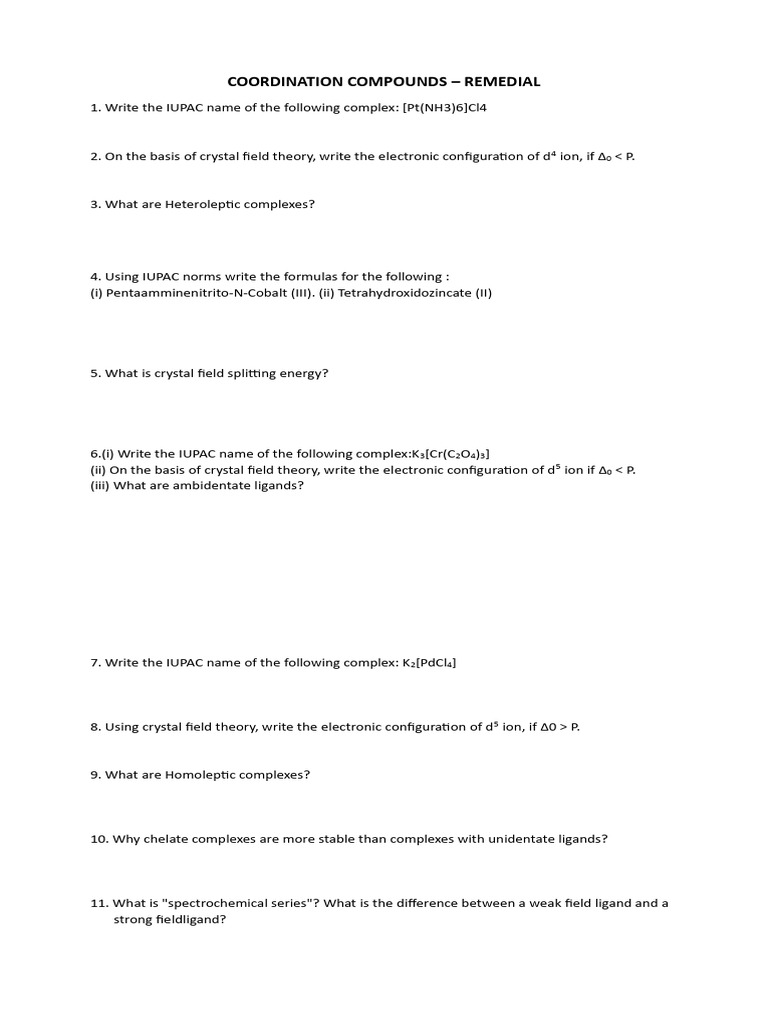 ASSIGNMENT COORDINATIONCOMPOUNDSRemedial 20240214180555 | PDF | Coordination Complex | Chemistry