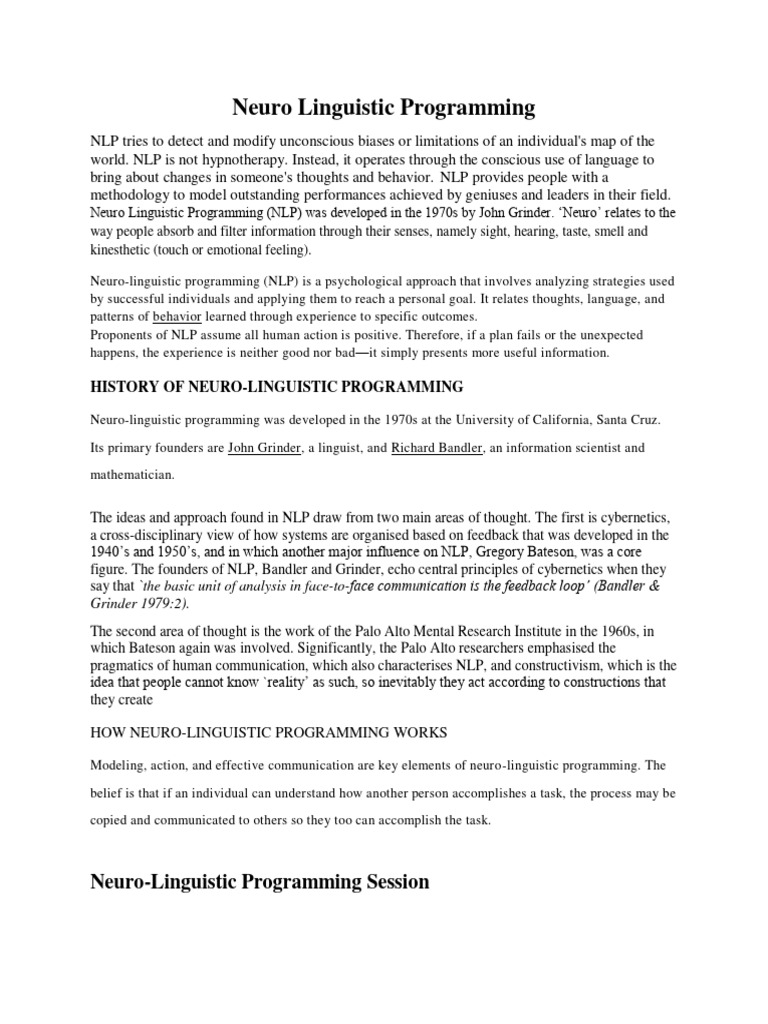Neuro Linguistic Programming Pdf Neuro Linguistic Programming Psychological Concepts