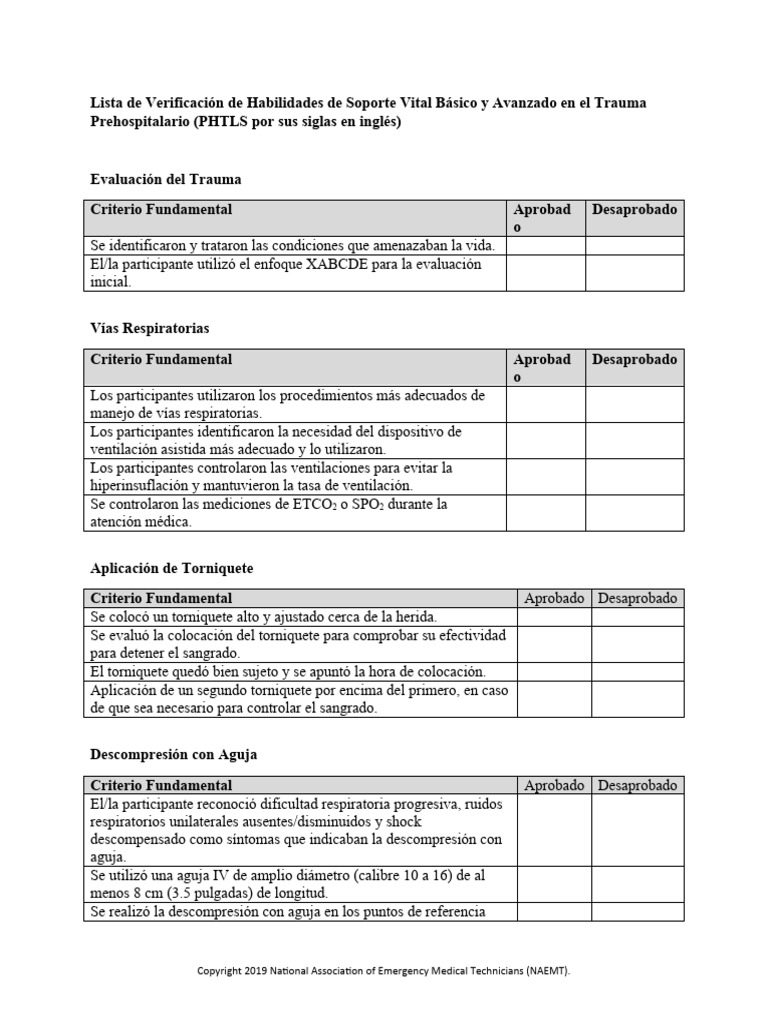 Spanish PHTLS - 9e Skills - Checklist | PDF | Enfermedades y trastornos ...