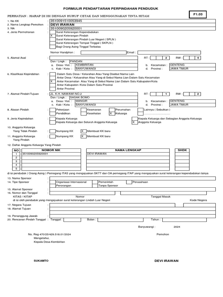 F1.03 Formulir Pindah Devi Irawan | PDF