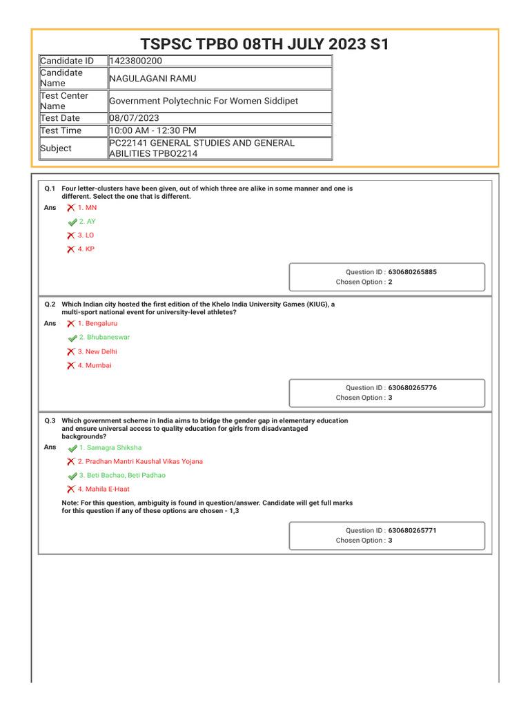 TSPSC TPBO 2023 Final Response Sheet-1 | PDF | Healthy Diet | Diet (Nutrition)