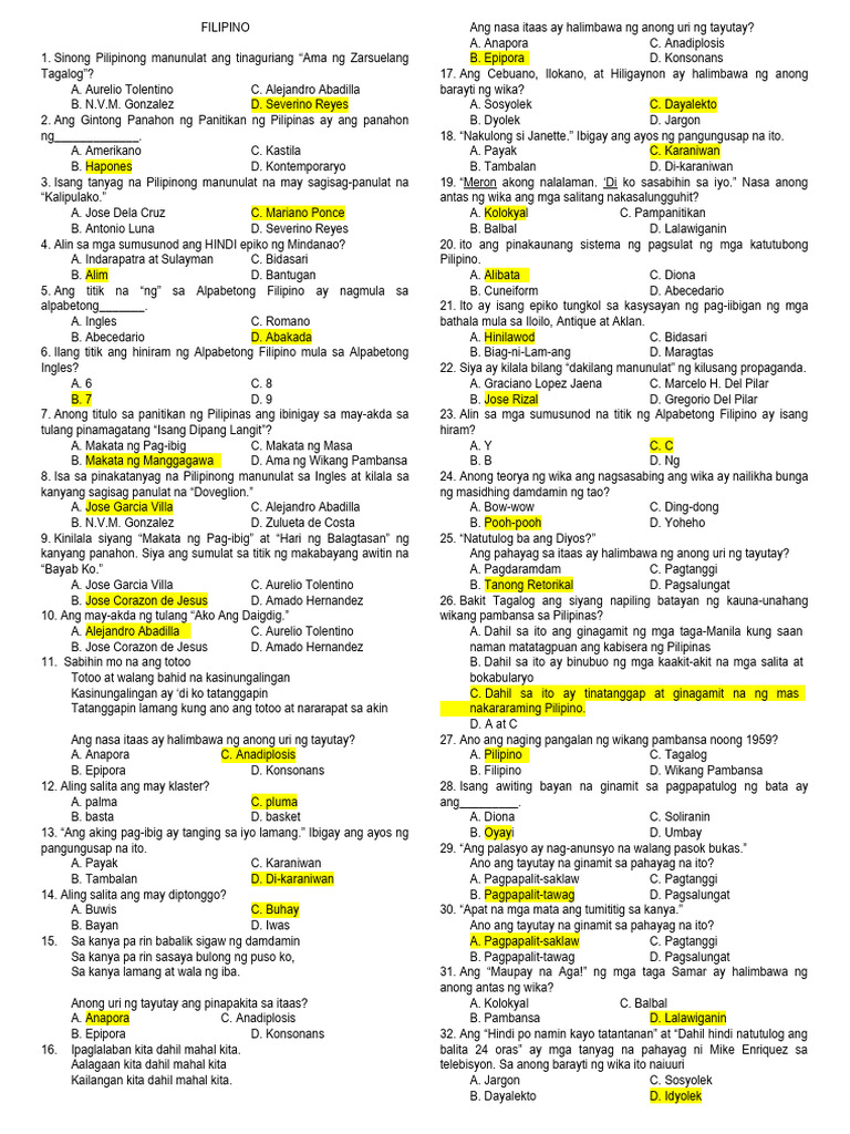 Filipino (Sinong Pilipinong) With Answer | PDF