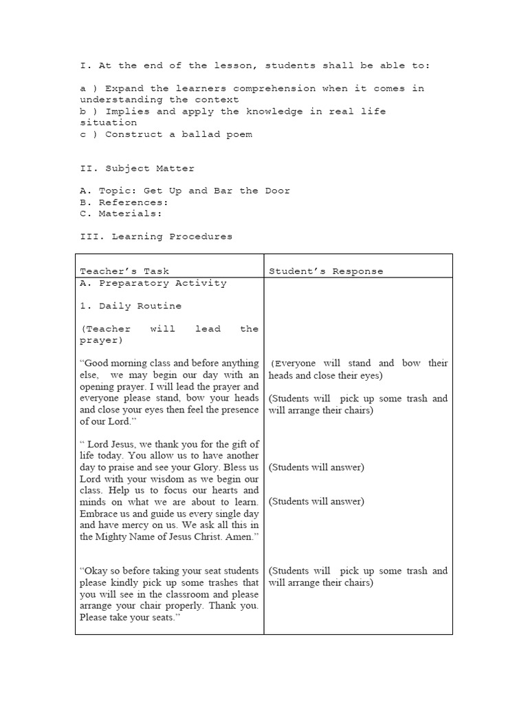Detailed Lesson Plan 1st (Get Up and Bar The Door) | PDF | Poetry | Ballad