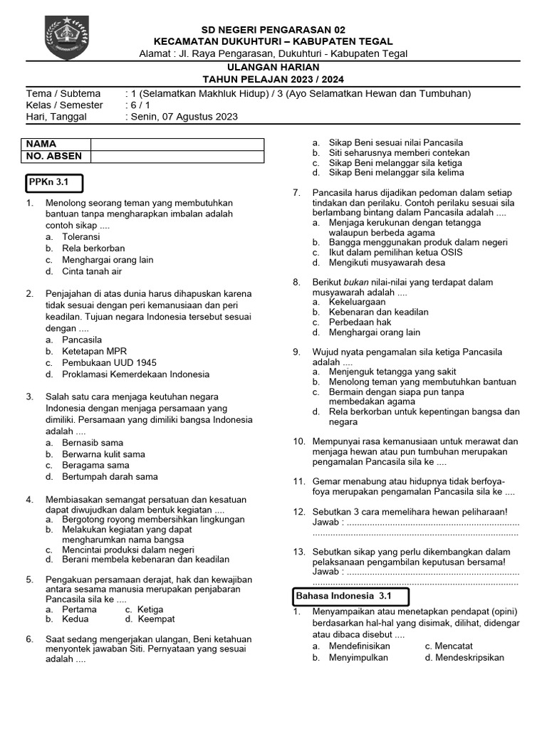 Penilaian Harian Tema 1 Subtema 3 | PDF | Kajian Bahasa Asing