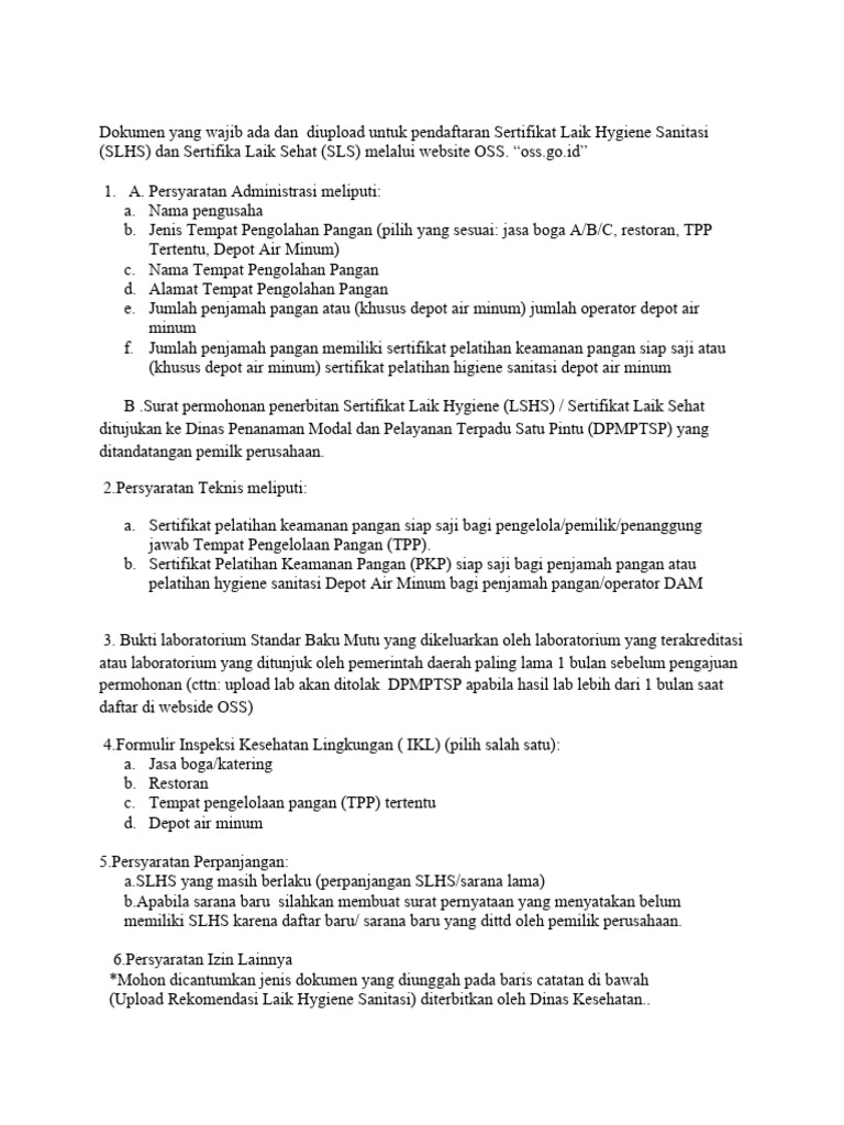 Persyaratan Dokumen Penerbitab SLHS & SLS Di OSS | PDF