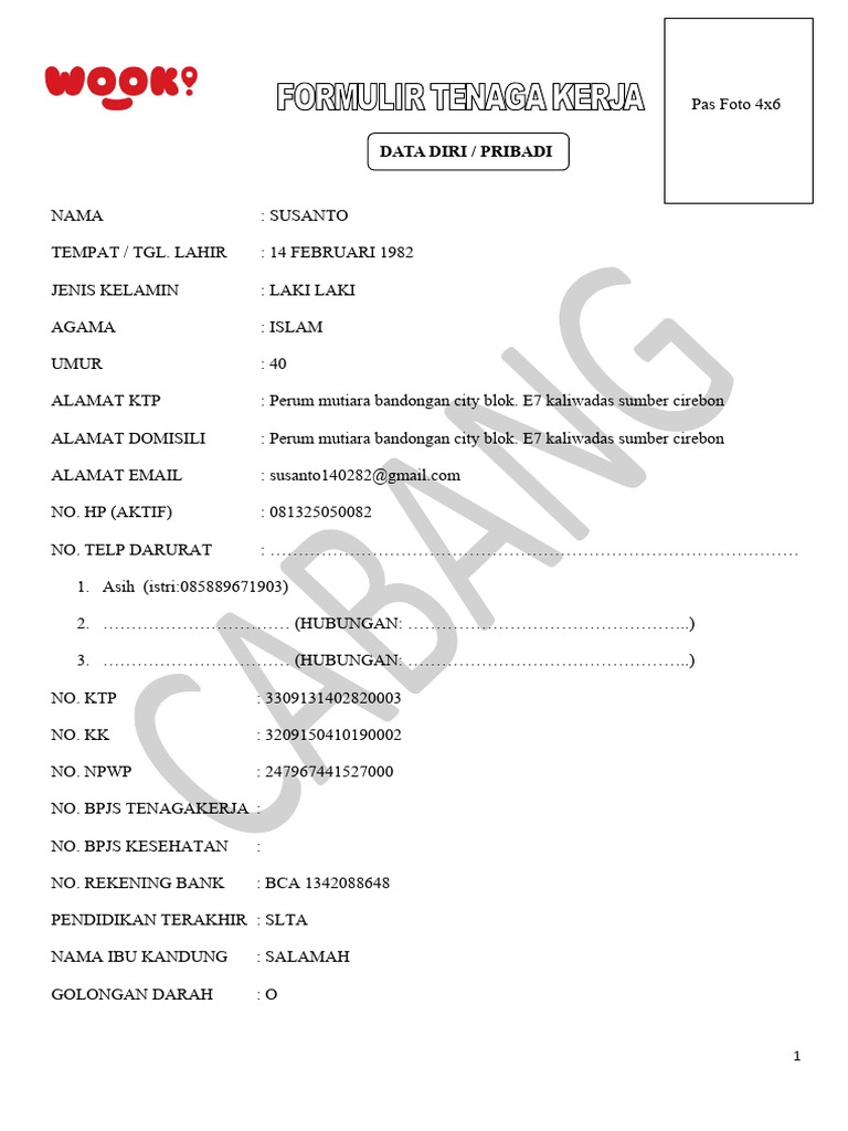 Formulir Tenaga Kerja - PT Wook Global Technology | PDF