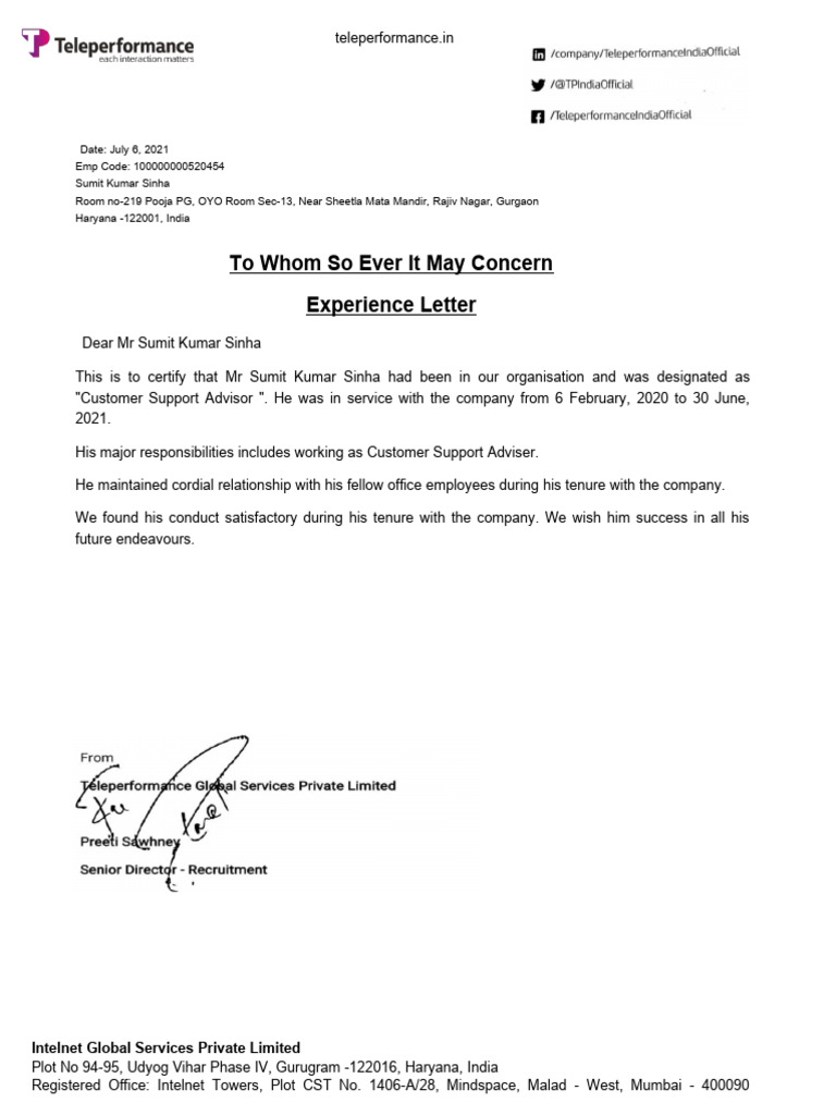 Experience Letter for Sumit Kumar Sinha | PDF