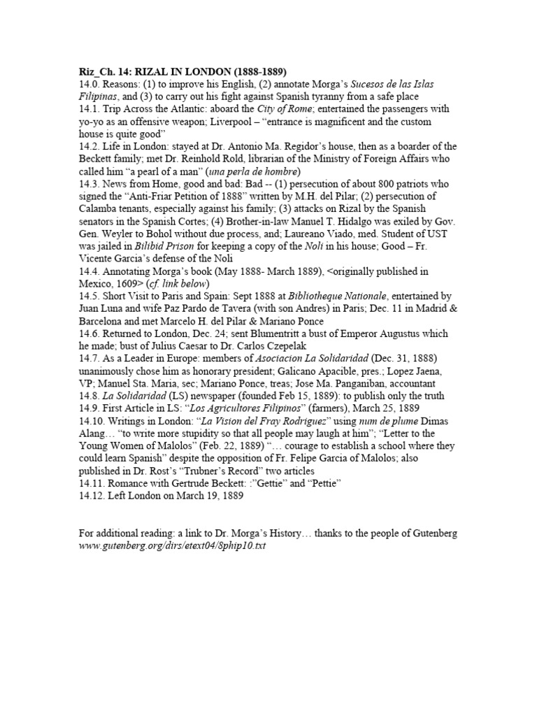 Rizal's London Years: 1888-1889 Insights | PDF | Philippines | Spain