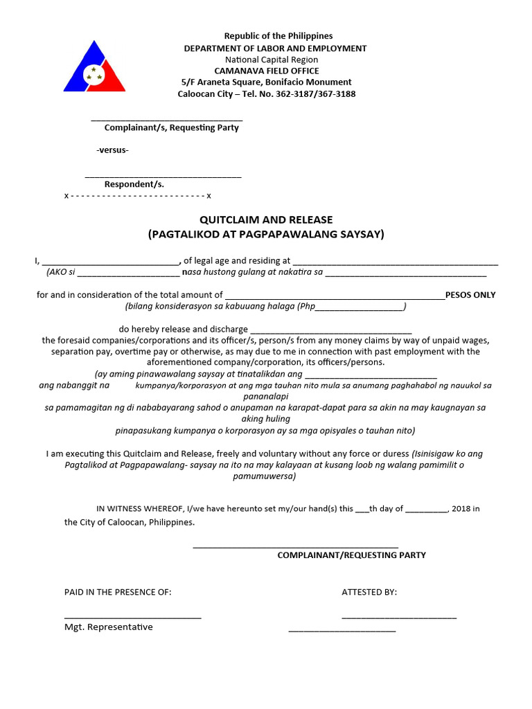 Dole Form Quitclaim Release Form PDF Free | PDF | Labor Relations ...