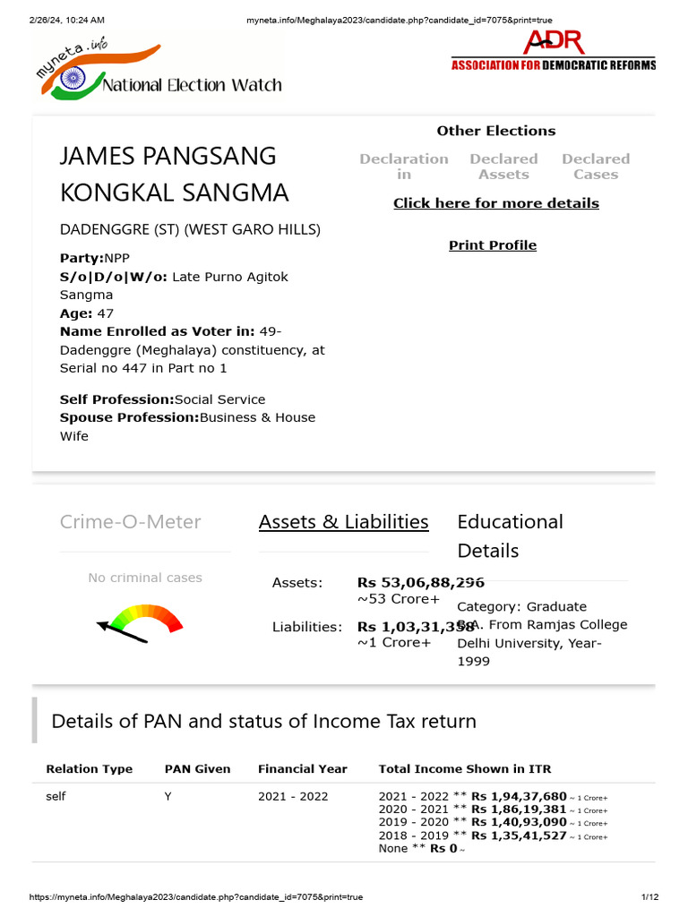 James Sangma Myneta - Info - Meghalaya2023 - Candidate - PHP - Candidate - Id 7075&print True ...