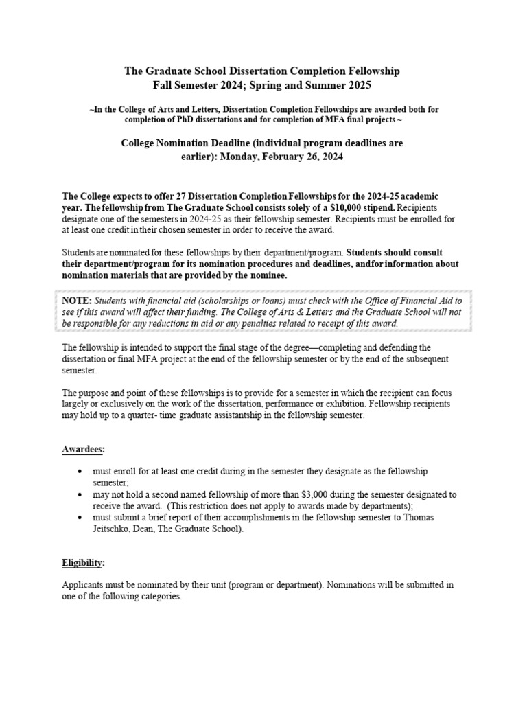 Dissertation Completion Fellowship 2024 25 Fillable PDF | PDF | Thesis | Doctor Of Philosophy
