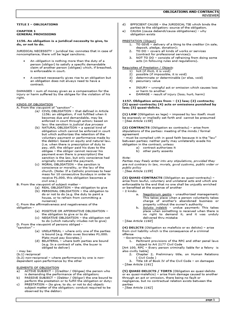 OBLICON Reviewer | PDF | Law Of Obligations | Legal Liability