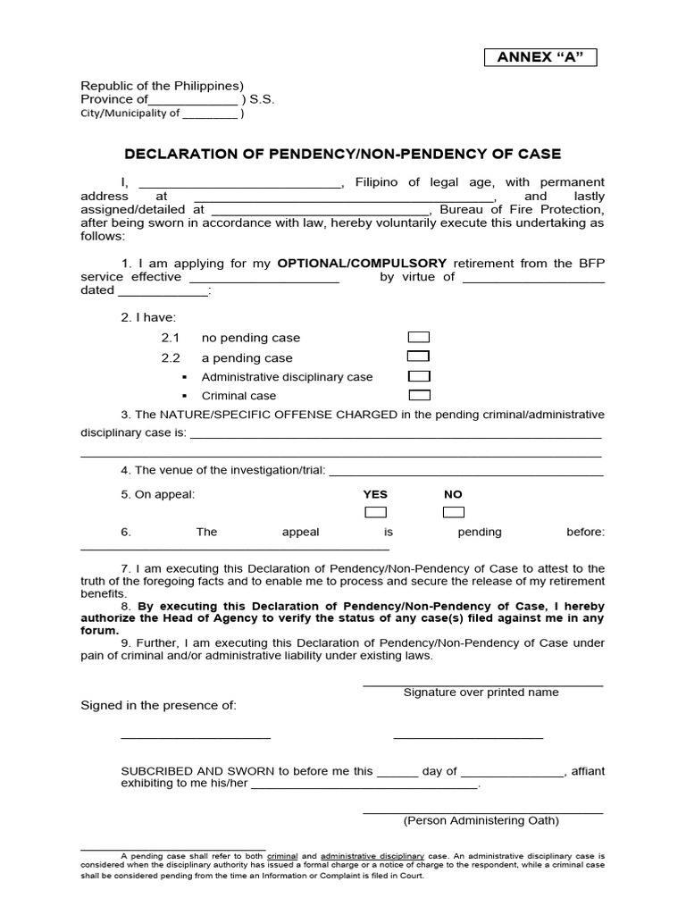 Declaration of Pendency/Non-Pendency Form | PDF | Affidavit | Legal ...