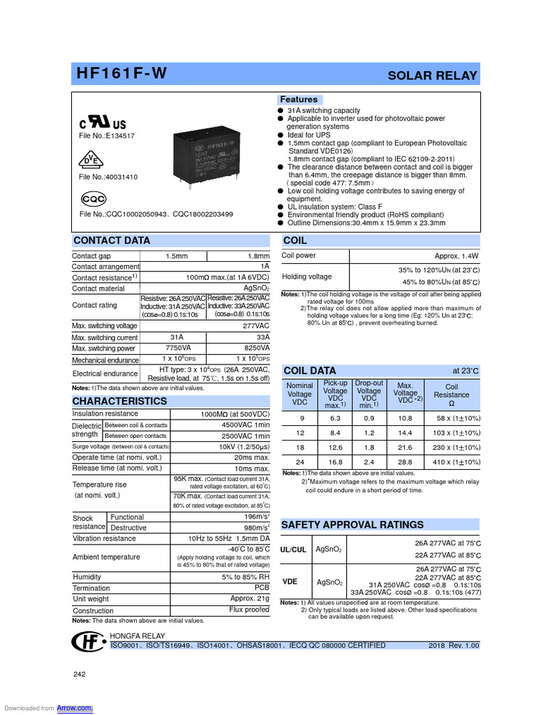 Solar Relay Specifications and Features | PDF | Inductor | Relay