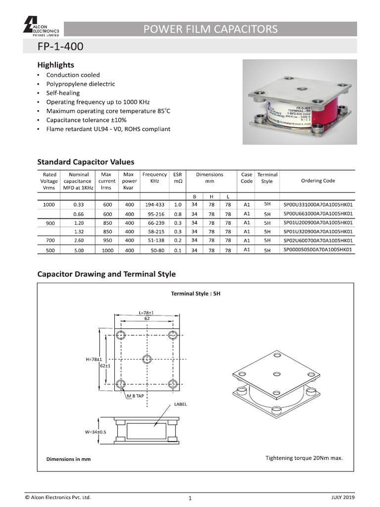 UHF - Resonant - Cap - Power Film Capacitors Datasheet FP 1 400 5H | PDF