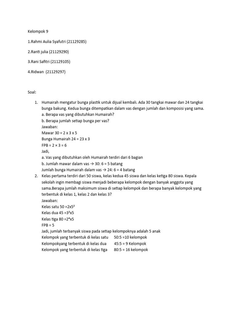 Kel. 9 Contoh Soal FPB Dan KPK | PDF | Karier & Perkembangan | Metode ...