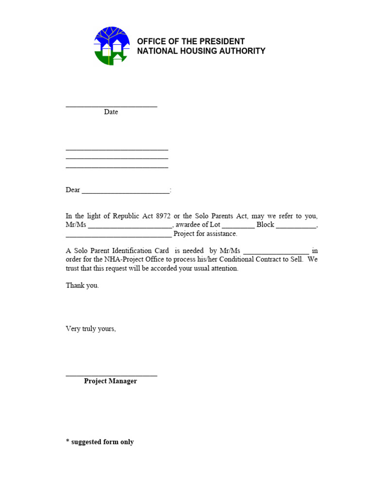 Endorsement Letter 2 DSWD Re Solo Parent | PDF