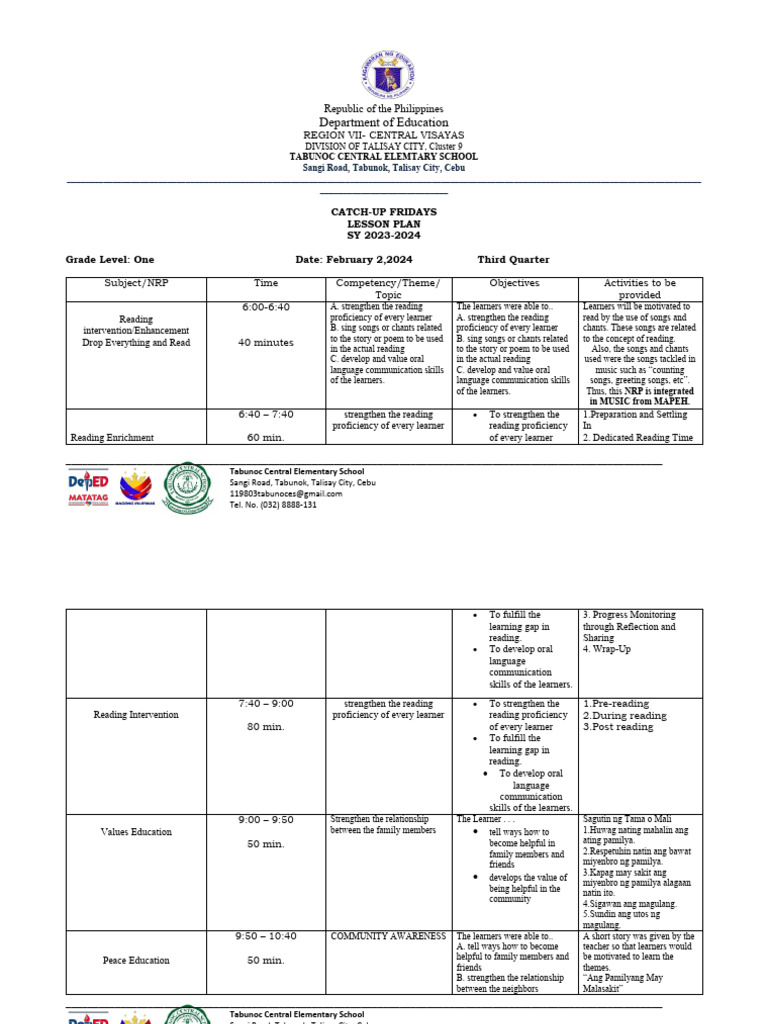 Grade 1 Catch-Up Fridays Lesson Plan | PDF | Learning | Pedagogy
