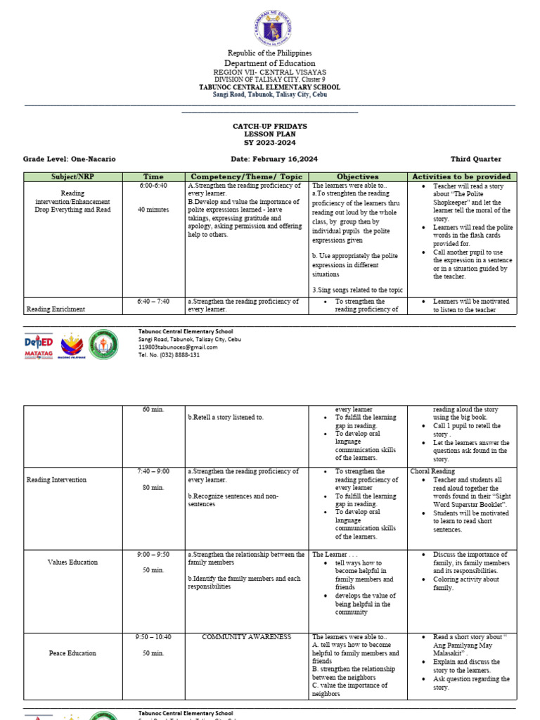 Catch Up Friday Lesson Plan Copy GRADE ONE WEEK 3 | PDF | Learning | Education Theory