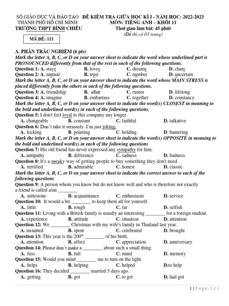 De Giua Ki 1 Tieng Anh 11 Nam 2022 2023 Truong THPT Binh Chieu TP HCM | PDF | Linguistics