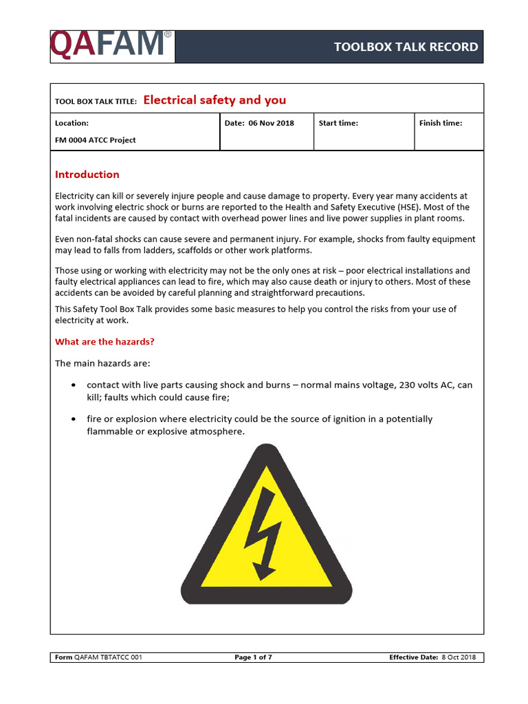 Tool Box Talk - 006-Electrical Safety | PDF