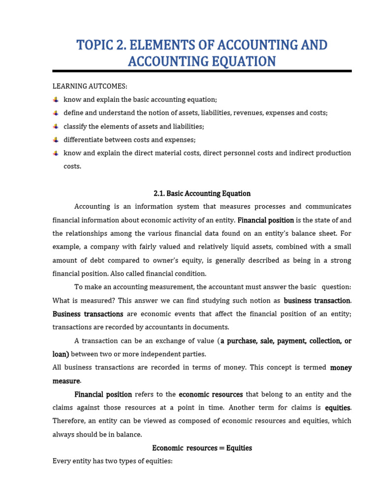 TOPIC 2 Elements of Accounting and Accounting Equation | Download Free ...