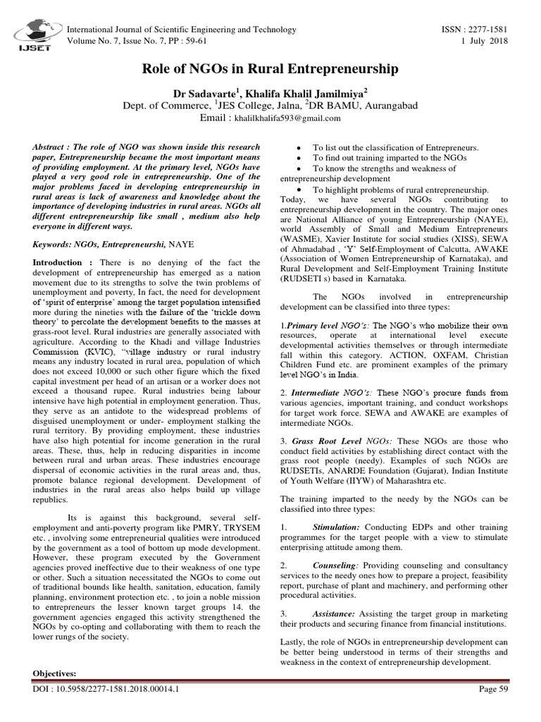 Role of Ngos in Rural Entrepreneurship: Dept. of Commerce, Jes College ...