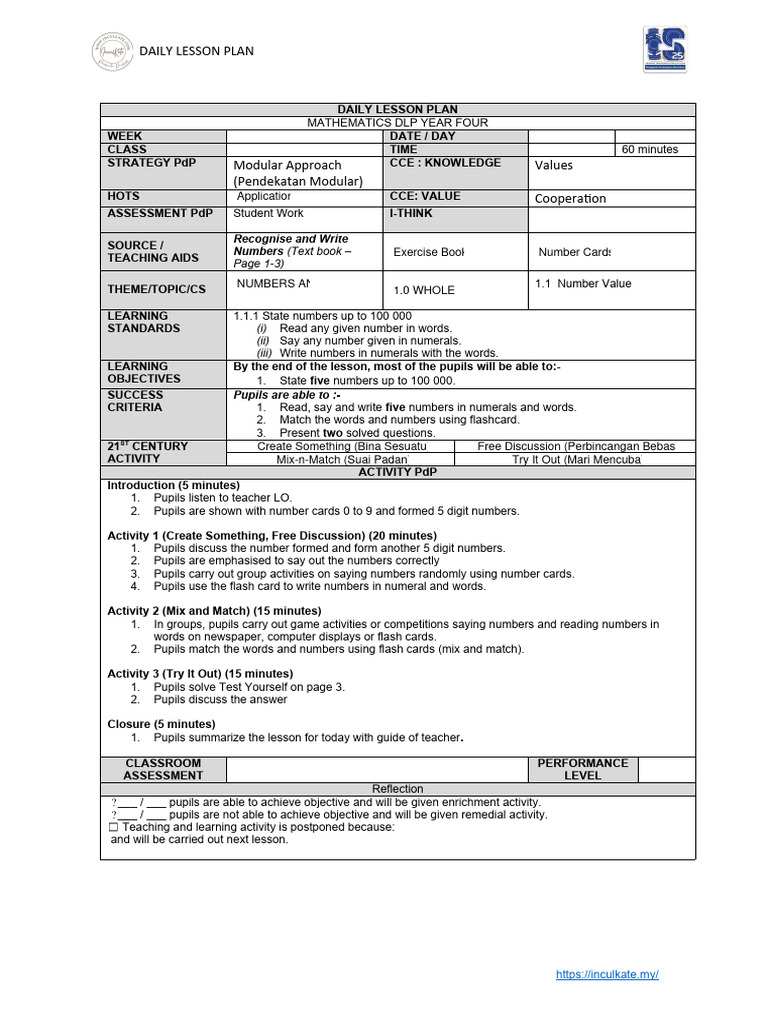 DLP MT Y4 W1 (Inculkate - My) - 2023 | PDF | Lesson Plan | Teachers