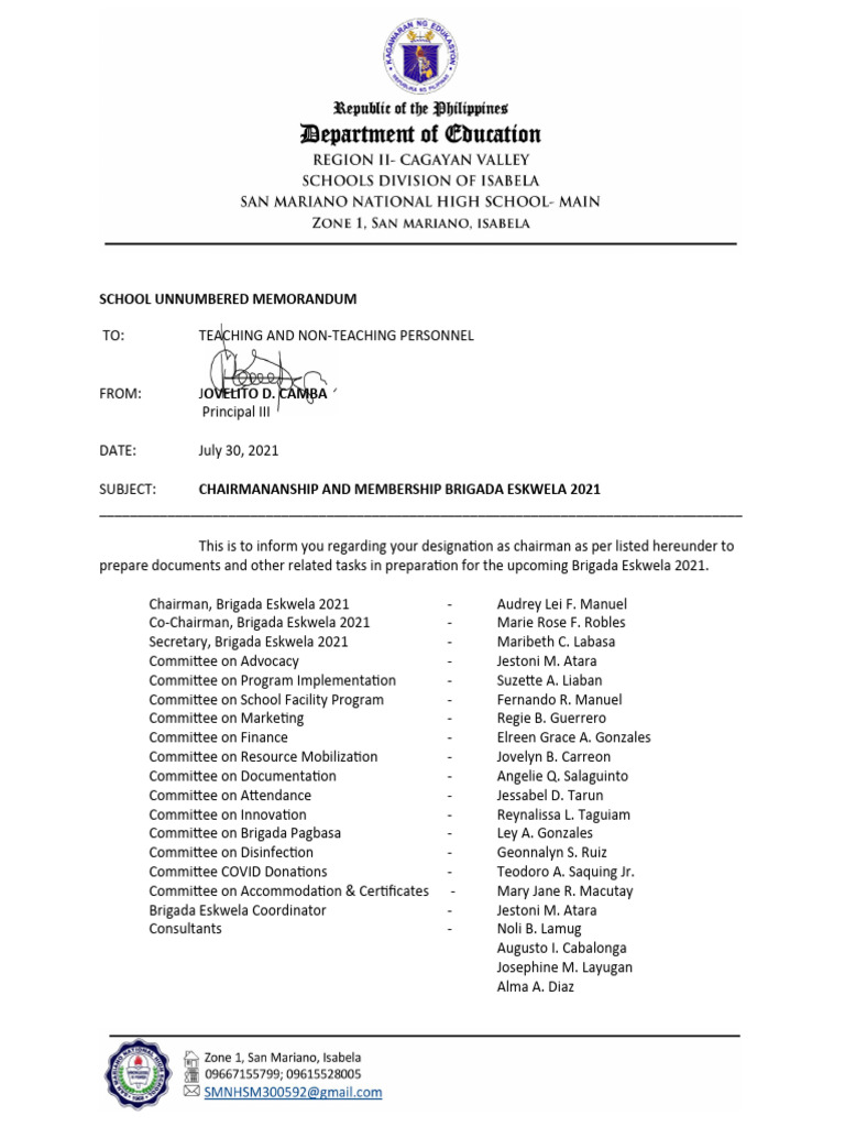 Brigada Eskwela 2021 Working Committee | PDF