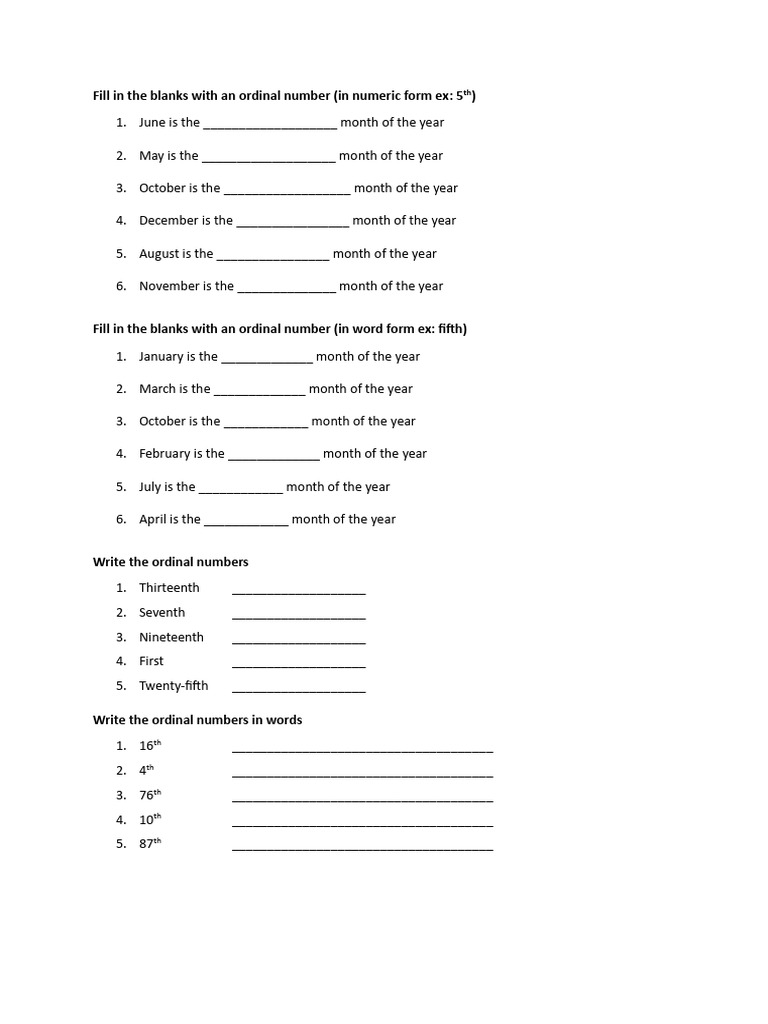 Ordinal Numbers Fill-in-the-Blanks Worksheet | PDF