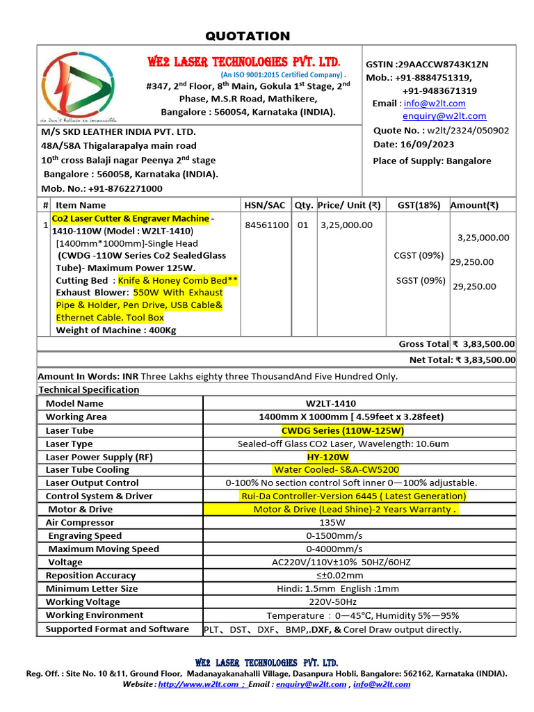 Quotation Co2 Laser Machine-1410-110W | PDF | Manufactured Goods