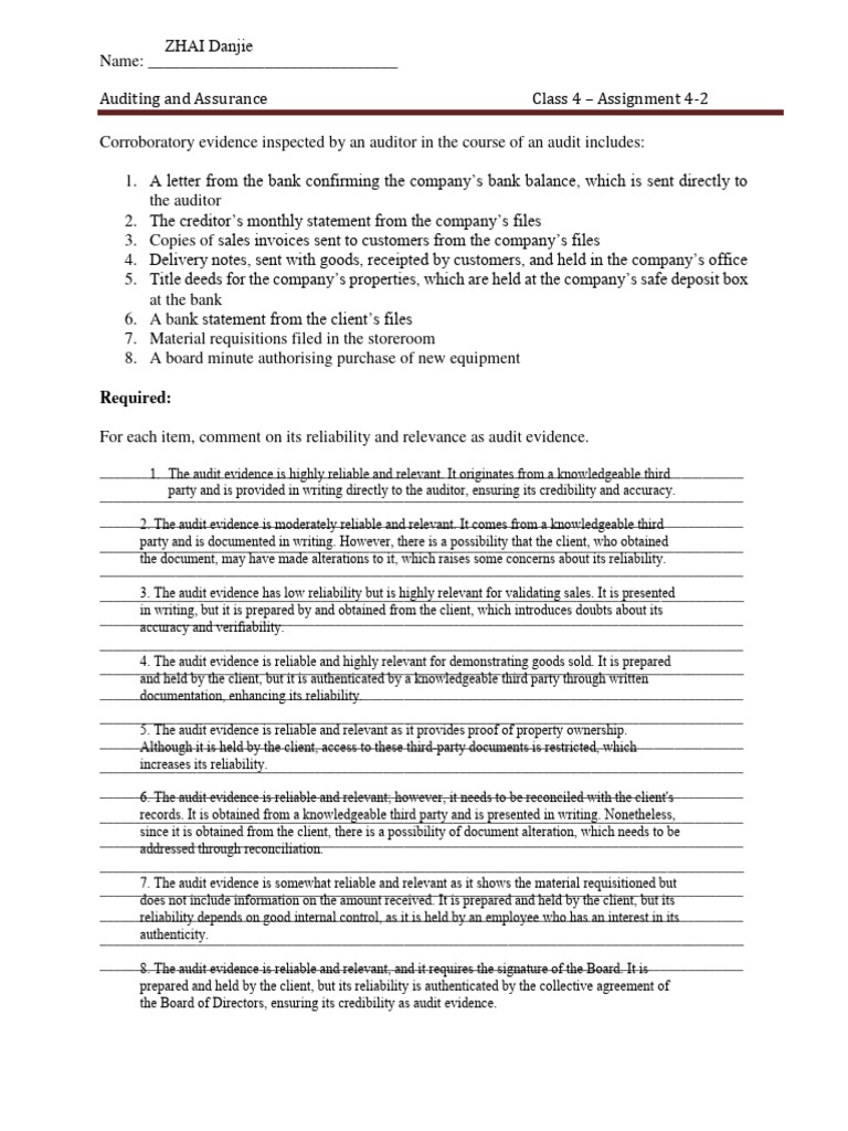 Audit and Assurance Class 4 - Assignment 4-2 | PDF | Audit | Business ...