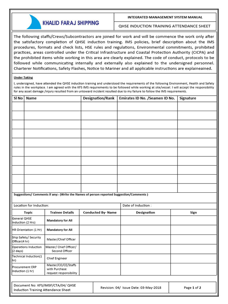 QHSE Induction Training Attendance Rev 04 03.05.18 | PDF | Safety ...
