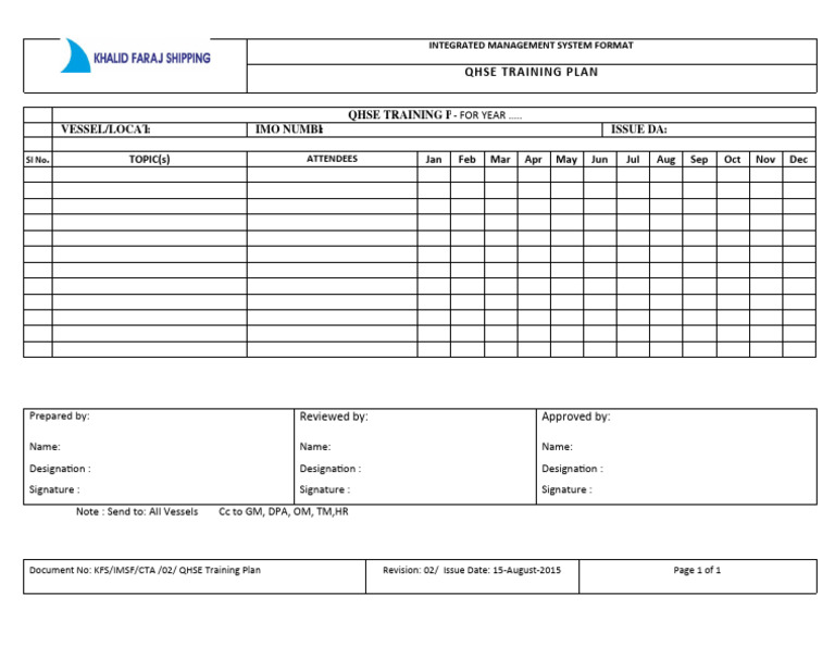 Annual QHSE Training Plan Format KFS-IMSF-CTA-01-QHSE Training Plan | PDF