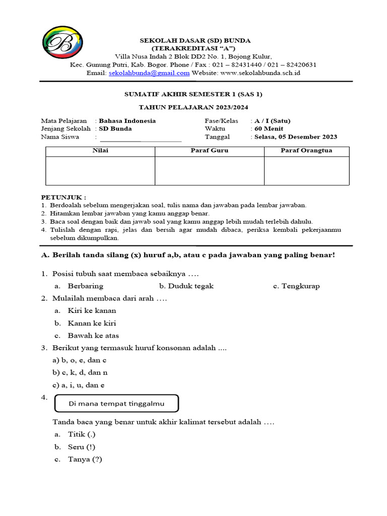 Soal SAS 1 Bahasa Indonesia Kelas 1 TA 2023-2024 | PDF