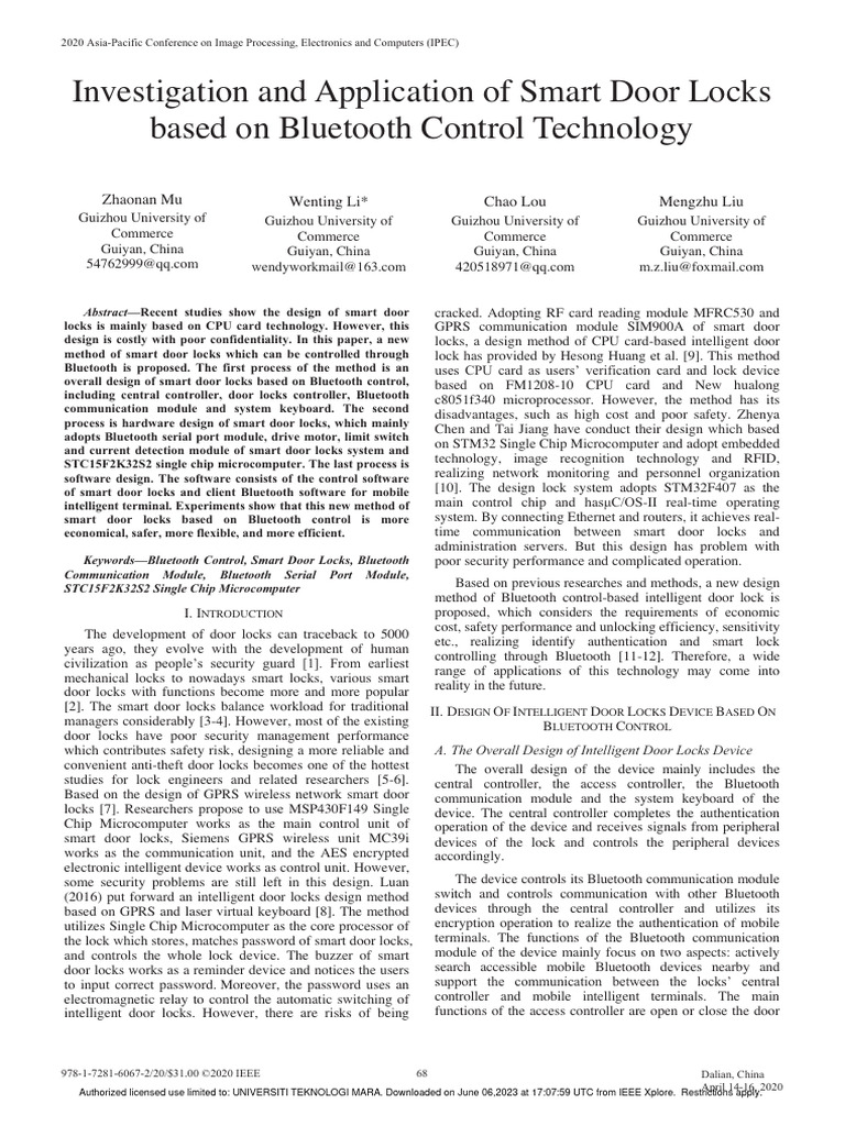 Investigation and Application of Smart Door Locks Based On Bluetooth Control Technology ...