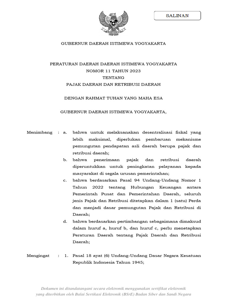 Perda Provinsi Di Yogyakarta No 11 Tahun 2023 | PDF