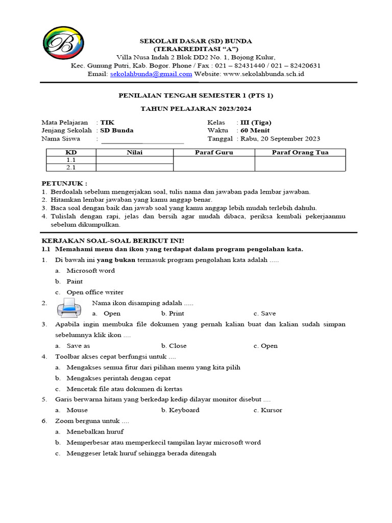Soal PTS 1 TIK Kelas 3 TA 2023-2024 | PDF | Komputer