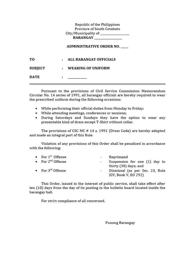 Barangay Officials Uniform Compliance Order | PDF