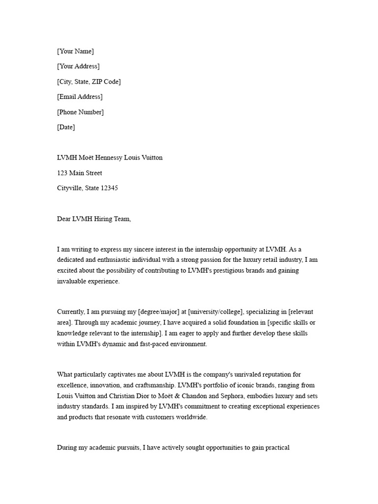 LVMH Cover Letter Sample | PDF | Internship | Job Hunting