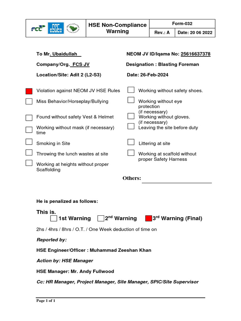 Form-032-HSE Non Compliance Warning-Ubaidullah - Blasting Foreman | PDF